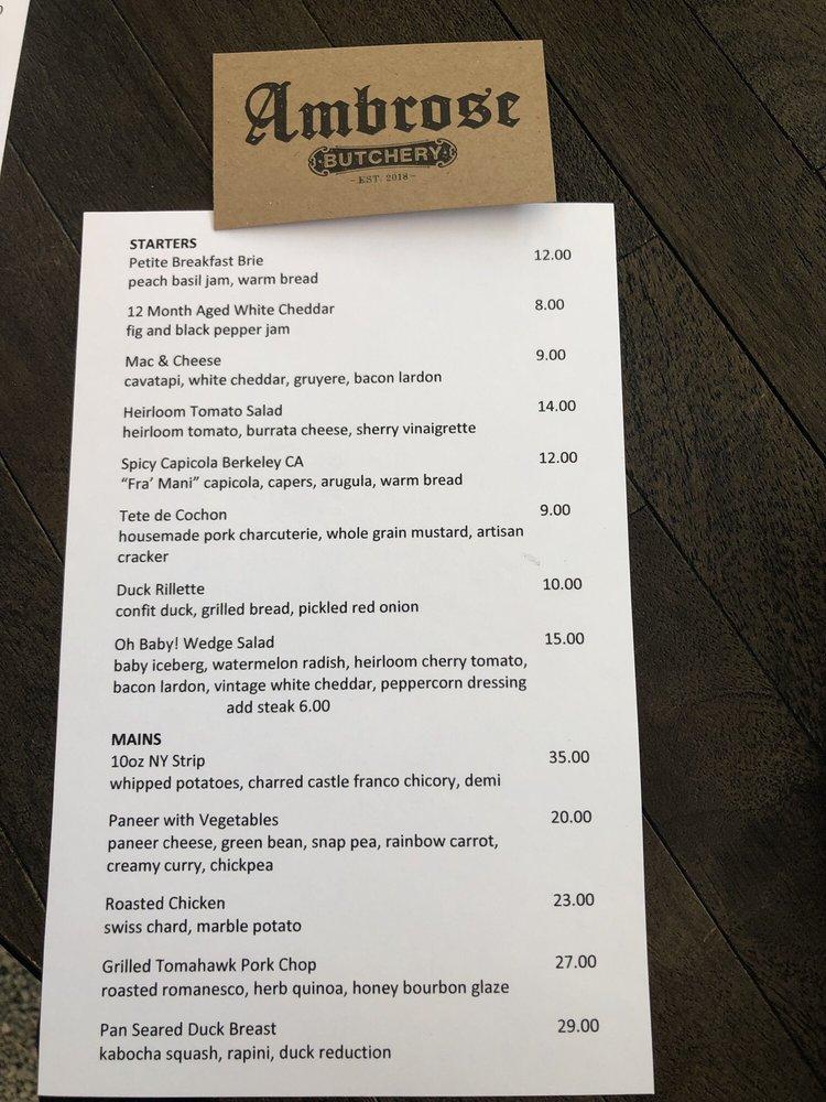 Menu at Ambrose Butchery restaurant, Fremont
