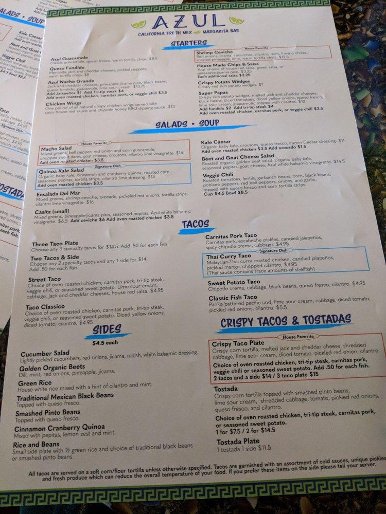 Menu at Azul-Latin Kitchen pub & bar, South Lake Tahoe