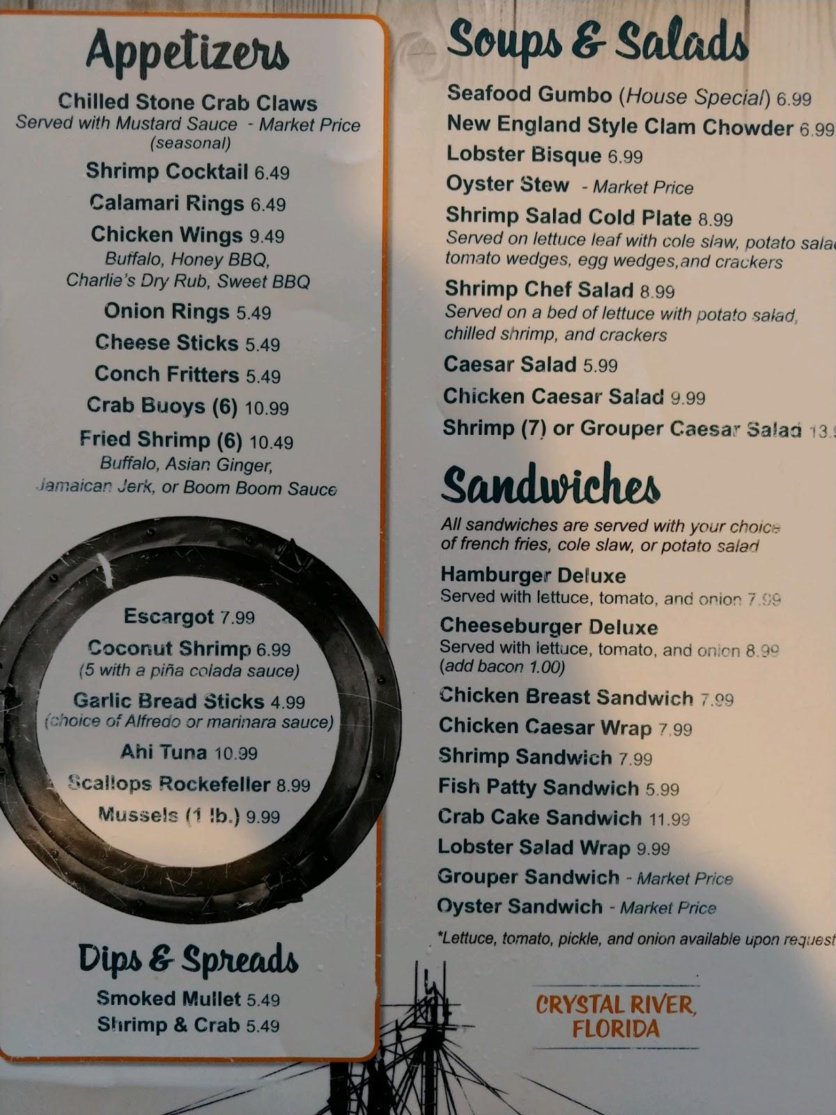 Menu at Charlie's Fish House Restaurant, Crystal River
