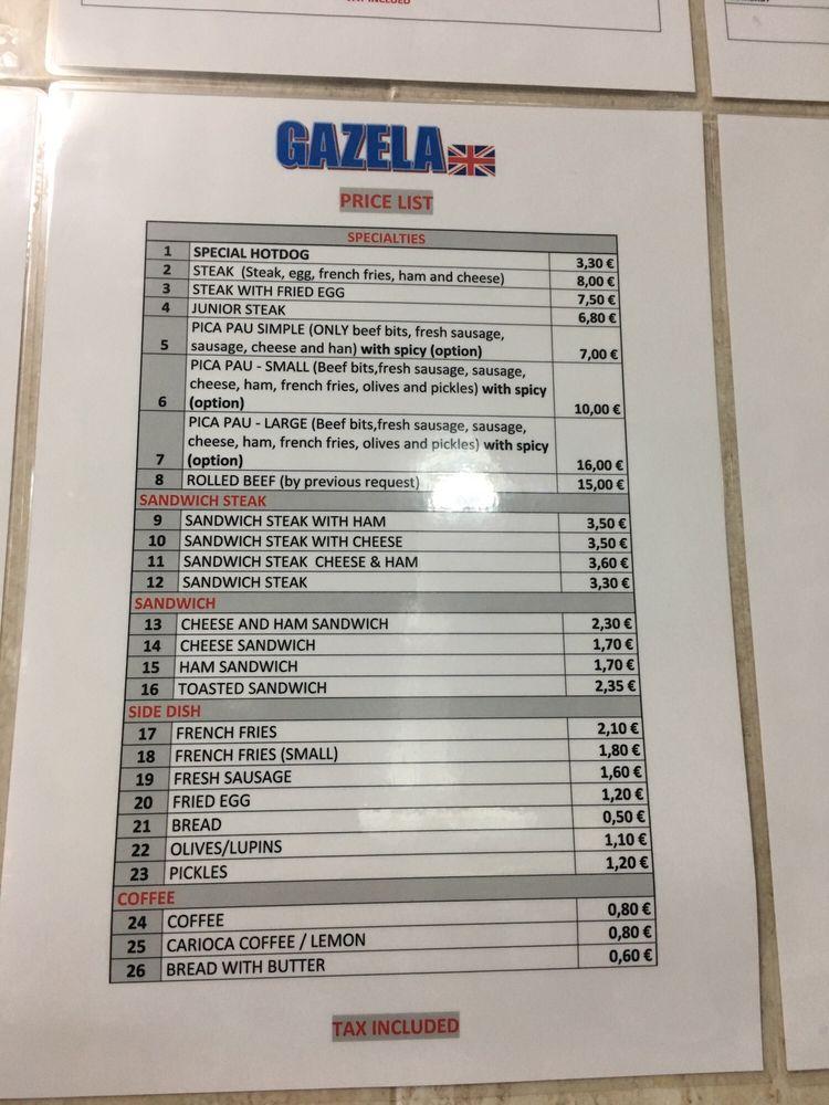 Menu at Gazela pub & bar, Porto