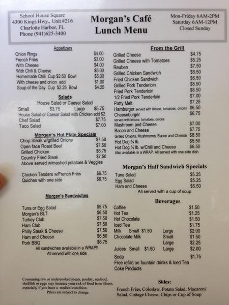 Menu at Morgan's Cafe, Port Charlotte, Kings Hwy # 216