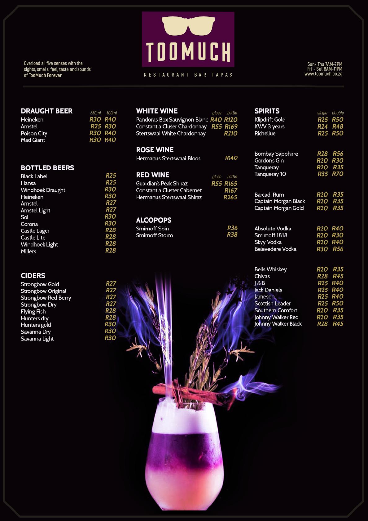Menu at TOO MUCH Bar & Tapas, Umhlanga