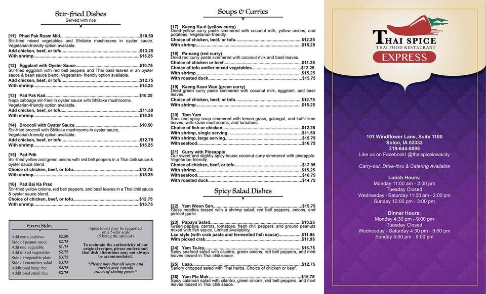 Menu at Thai Spice restaurant, Iowa City