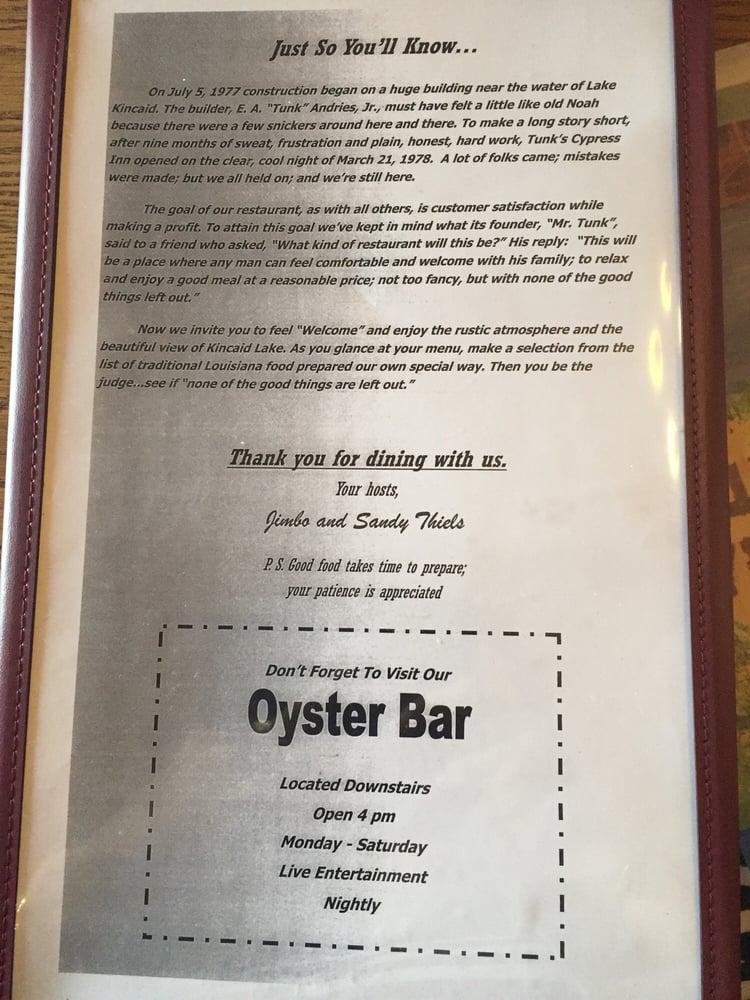 Menu at Tunk's Cypress Inn restaurant, Alexandria, LA-28