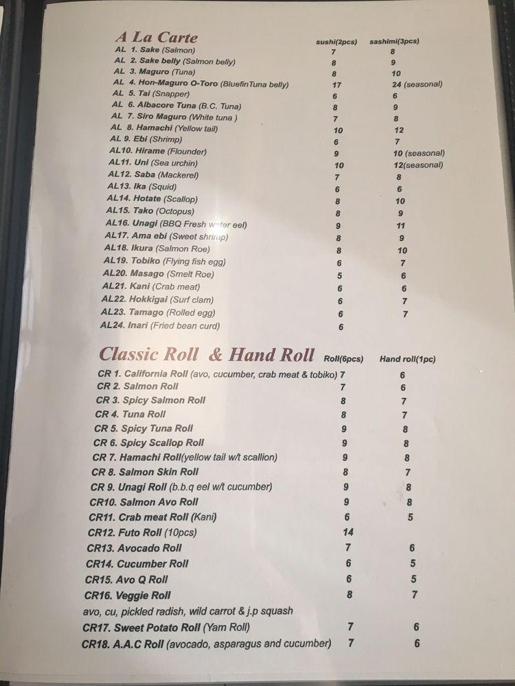 Menu at Unome sushi restaurant, Richmond Hill