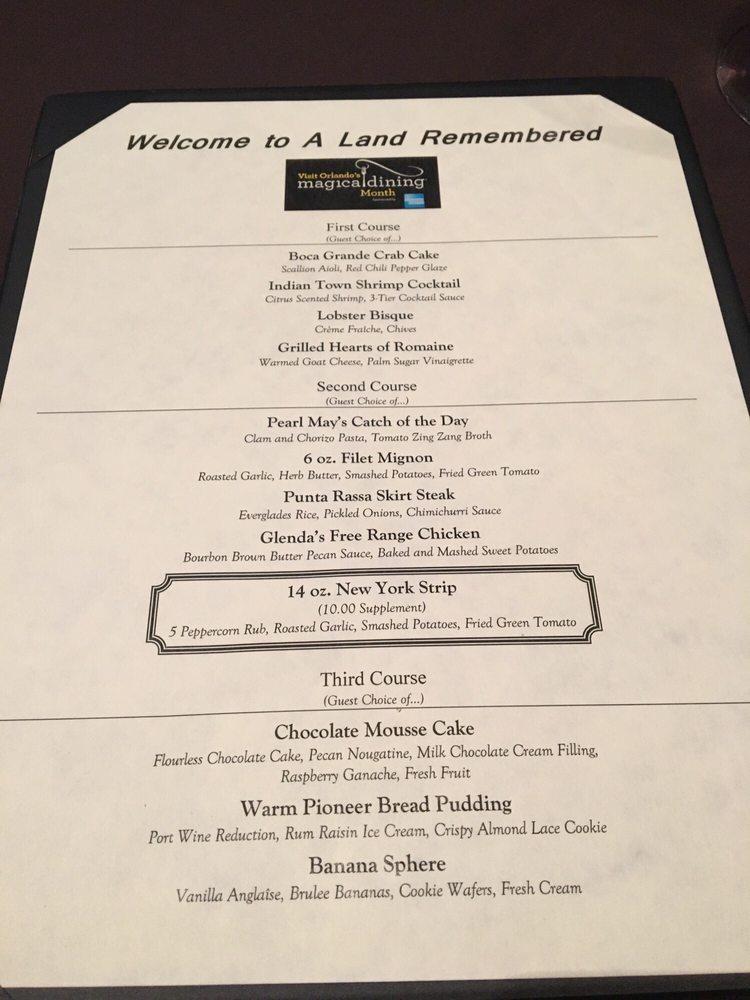 Menu at A Land Remembered steakhouse, Orlando, Universal Blvd