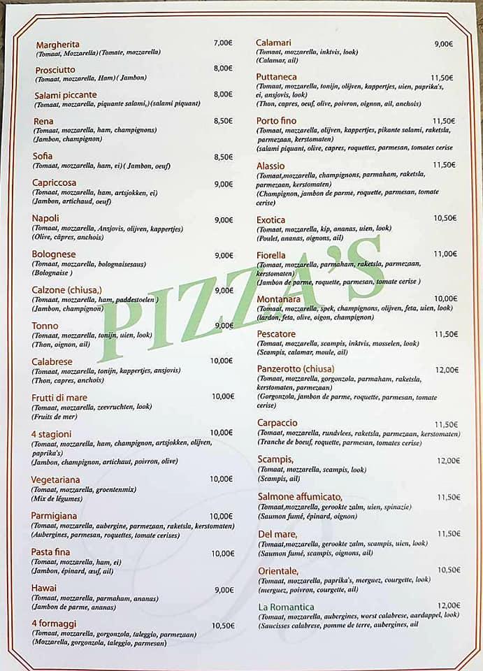 Menu at La Romantica, Roosdaal
