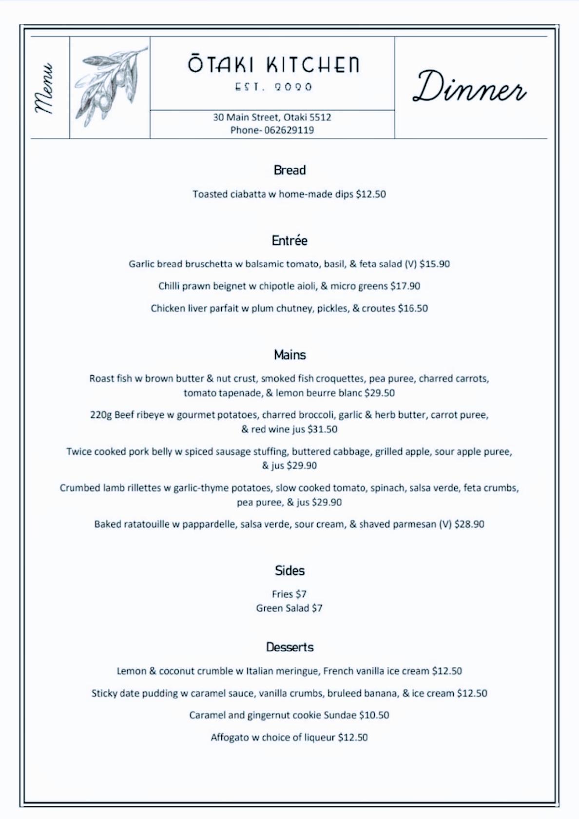 Menu at Otaki Kitchen restaurant, Otaki