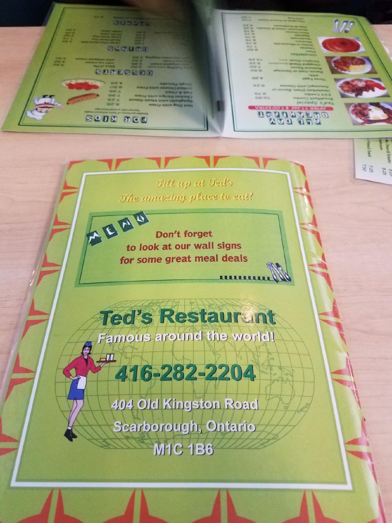 Menu at Ted's Restaurant, Toronto