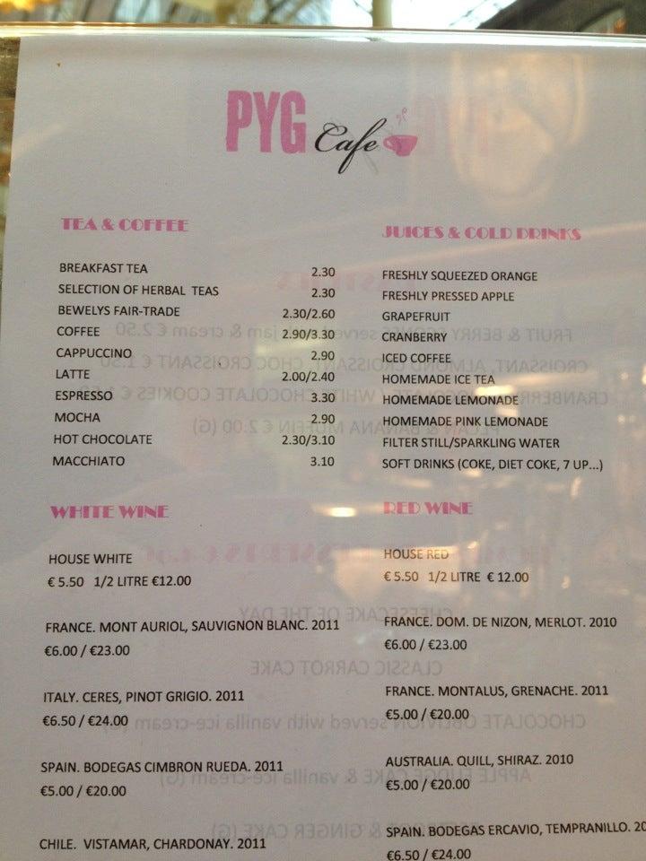 Menu at Pygmalion pub & bar, Dublin, 59 William St S