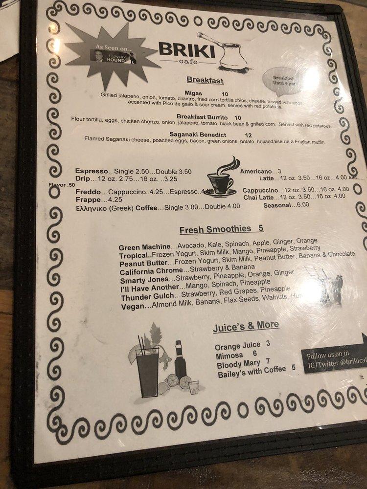 Menu at Briki Cafe, Addison
