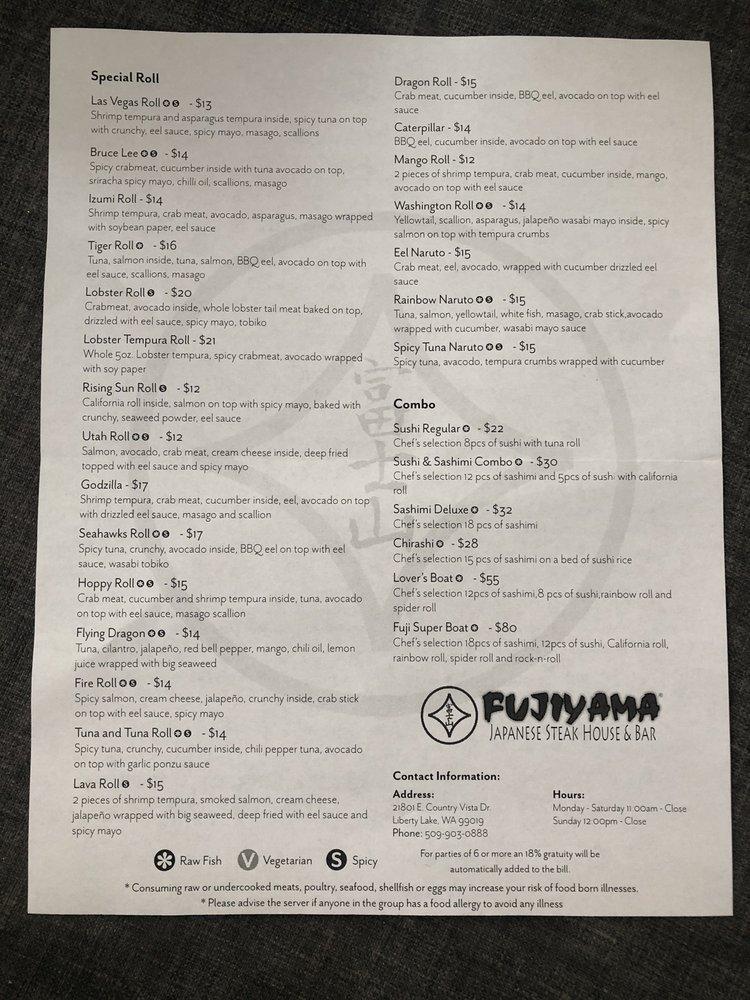 Menu at Fujiyama steakhouse, Liberty Lake