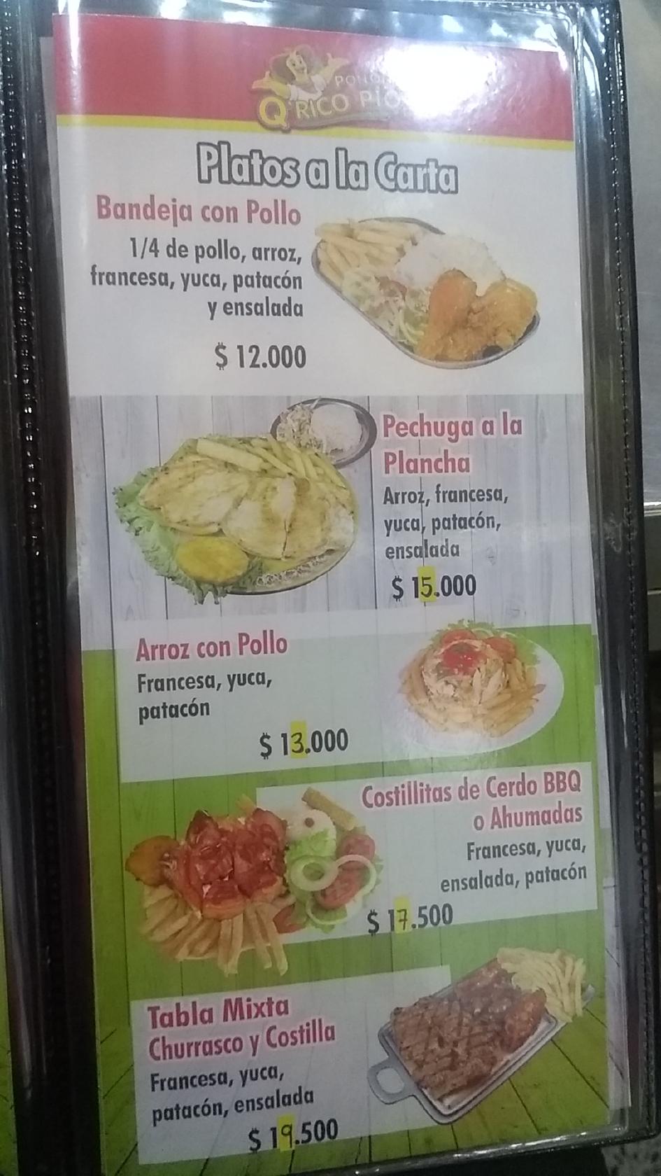 Menu at Pollo Q Rico Pio restaurant, Bogotá