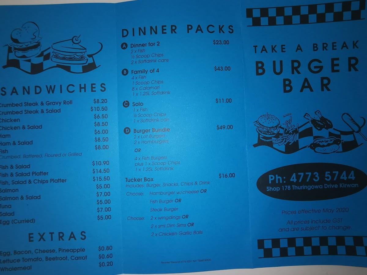 Menu at Take-A-Break Burger Bar, Kirwan