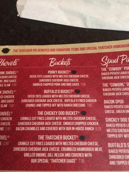 Menu at Thatcher's BBQ, Calhoun