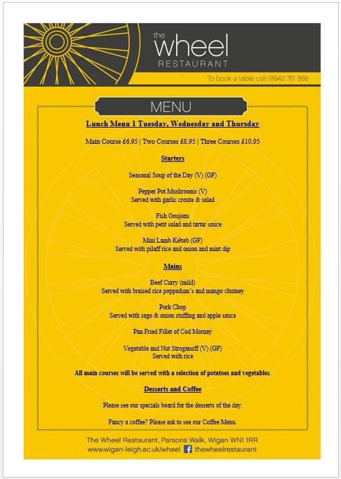 Menu at The Wheel Restaurant, Wigan