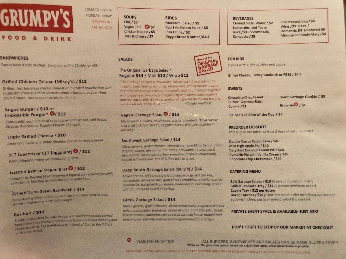 Menu at Grumpy's Toledo restaurant, Toledo