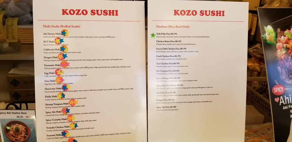Menu at Kozo Sushi restaurant, Honolulu, S King St