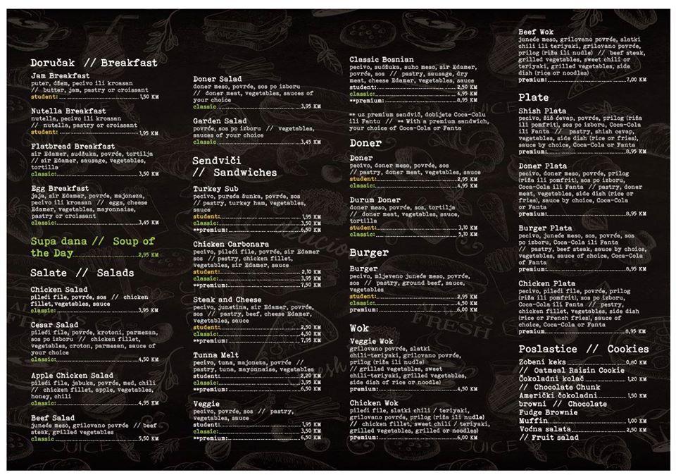 Menu at Malaga caffe bar i restoran, Sarajevo