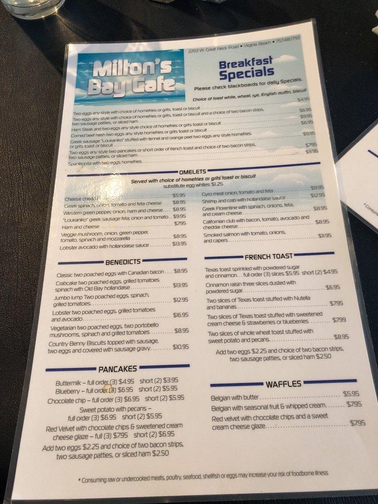 Menu at Milton's Bay Cafe, Virginia Beach
