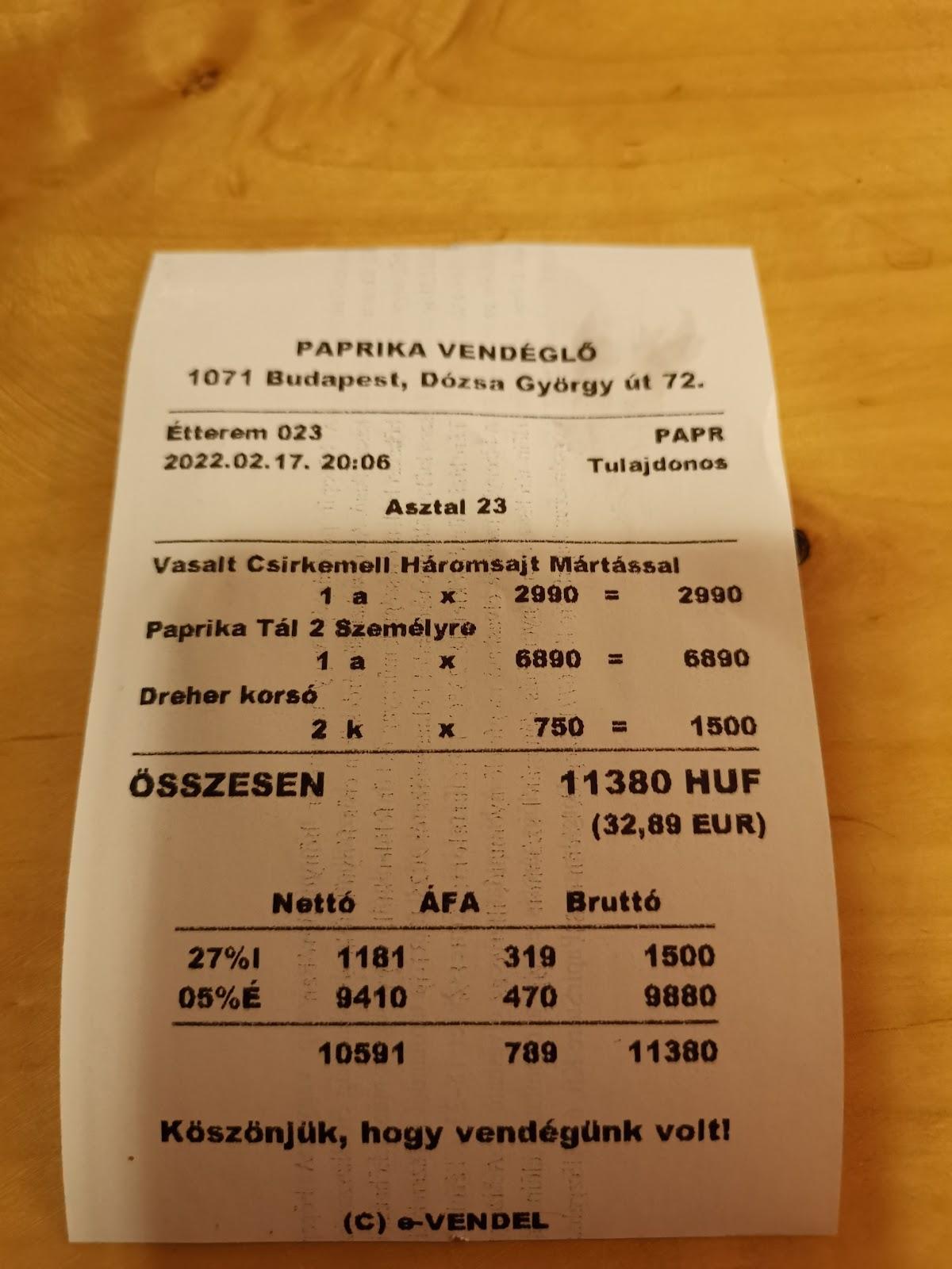 Menu at Paprika Vendéglő restaurant, Budapest, Dózsa György út 72