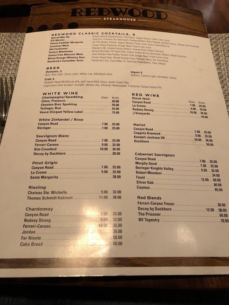 Menu at Redwood Steakhouse, Las Vegas