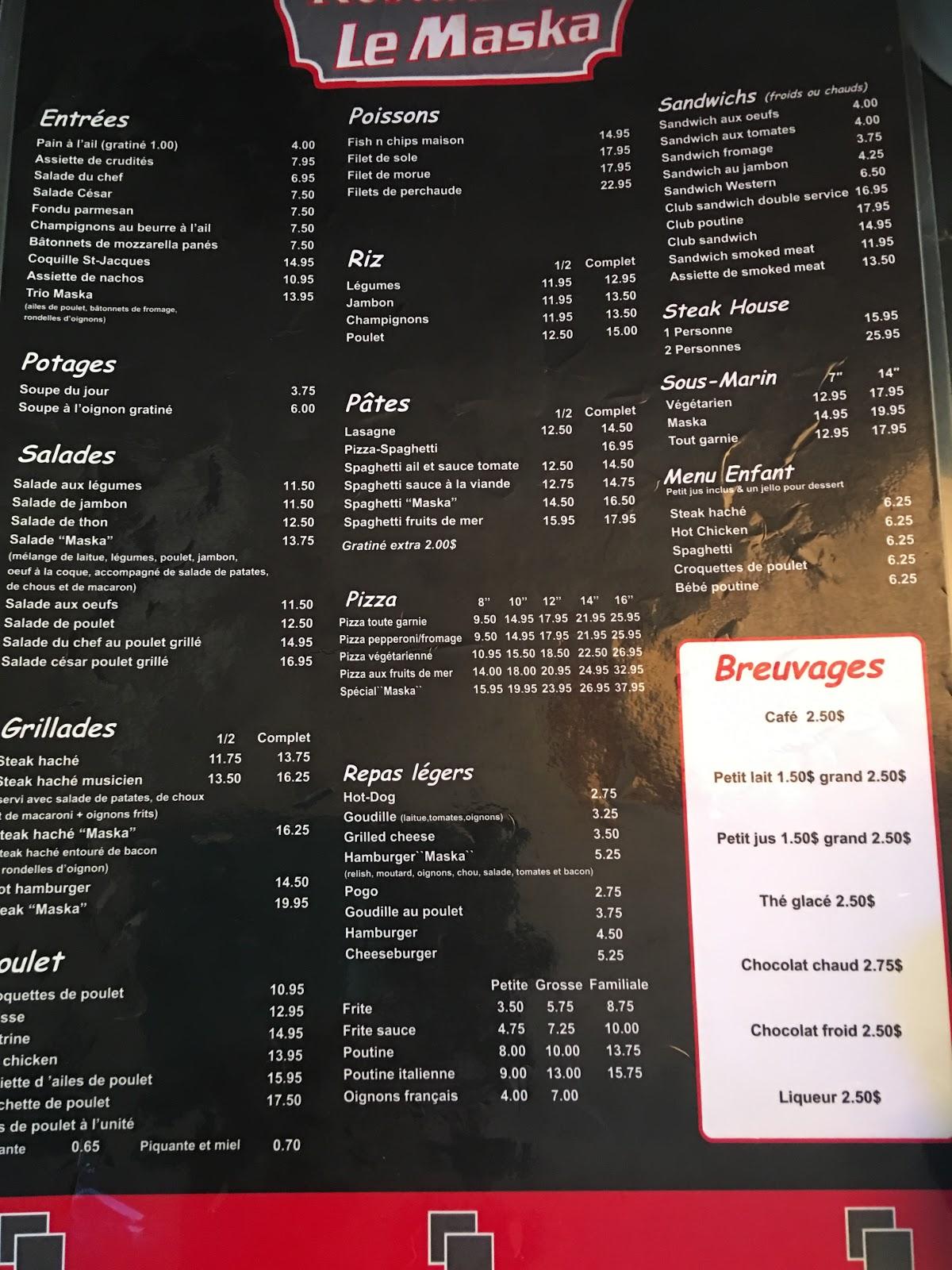 Menu au Restaurant Le Maska inc, Yamaska