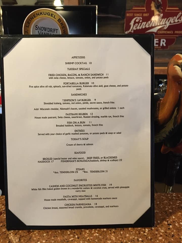 Menu at Simpson's Restaurant, Waupaca