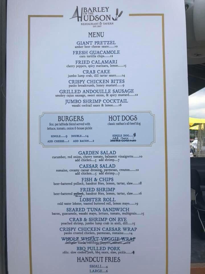 Menu at Barley on the Hudson, Tarrytown