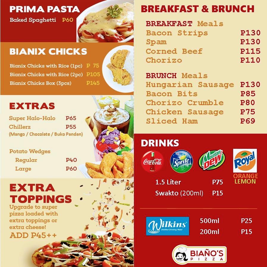 Menu at Biano's Pizza restaurant, Tagbilaran City