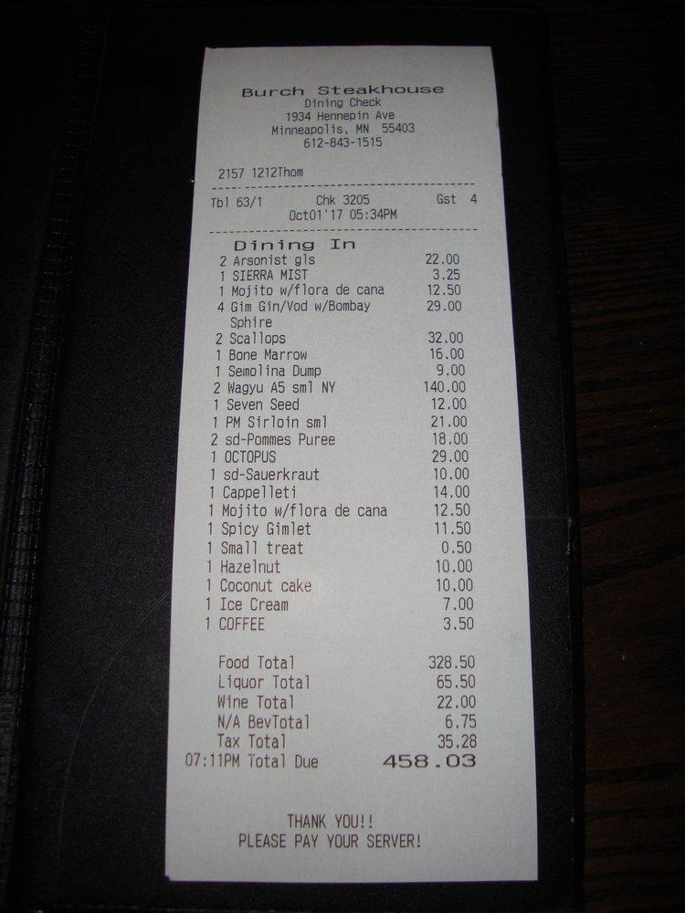 Menu at Burch Steak steakhouse, Minneapolis