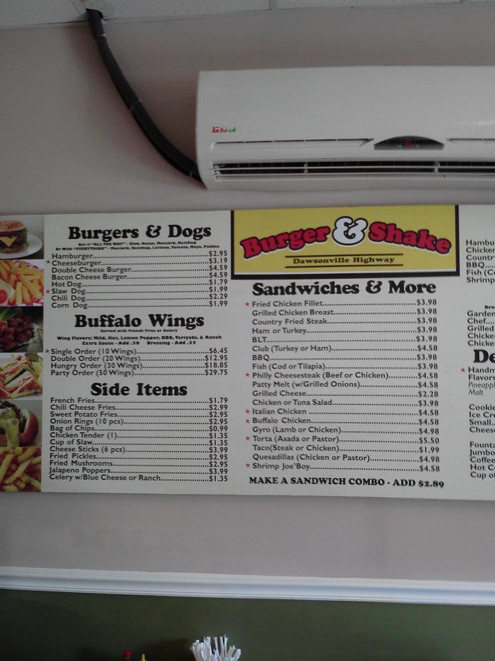 Menu at Burger and shake restaurant, Gainesville