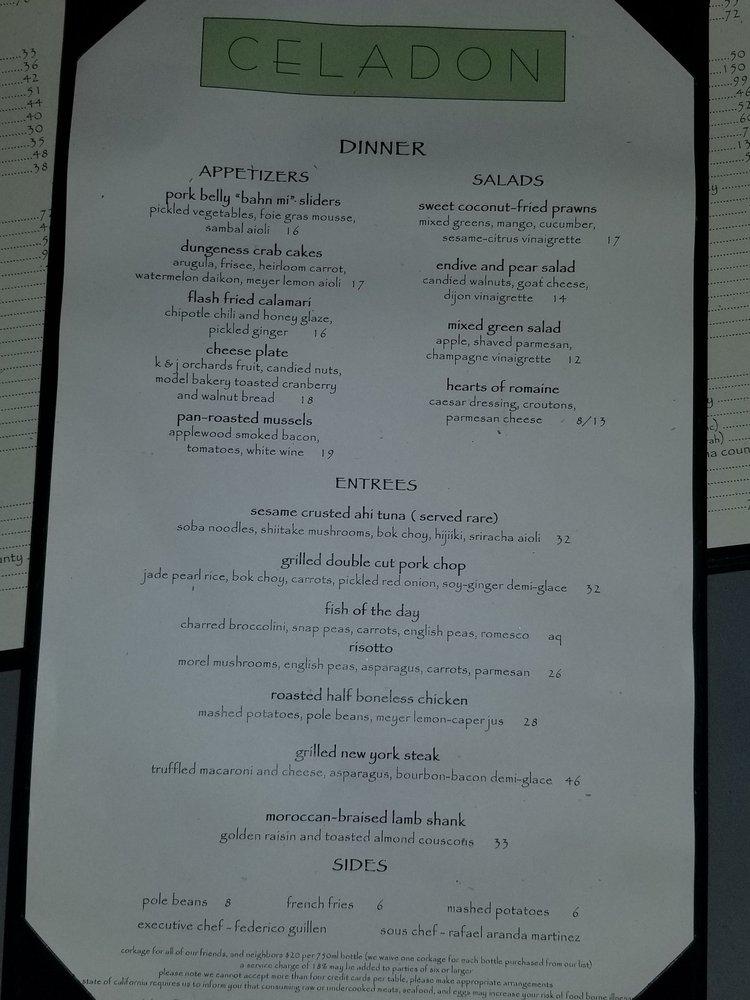 Menu at Celadon restaurant, Napa