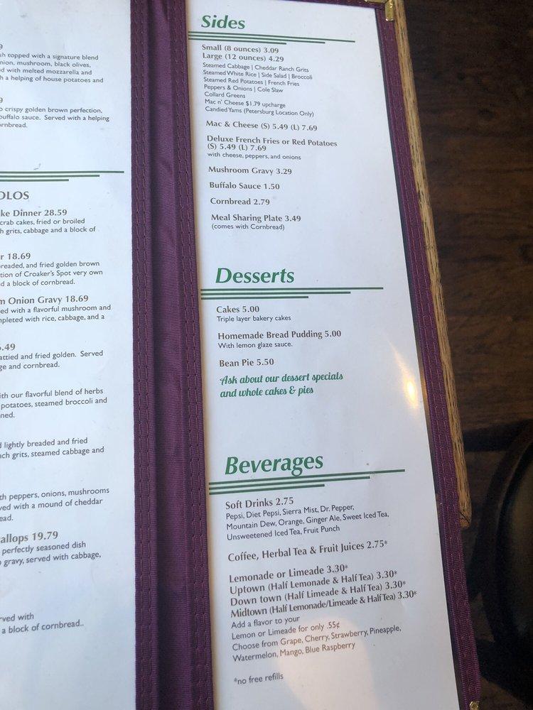 Menu at Croaker's Spot Richmond restaurant, Richmond, Hull St