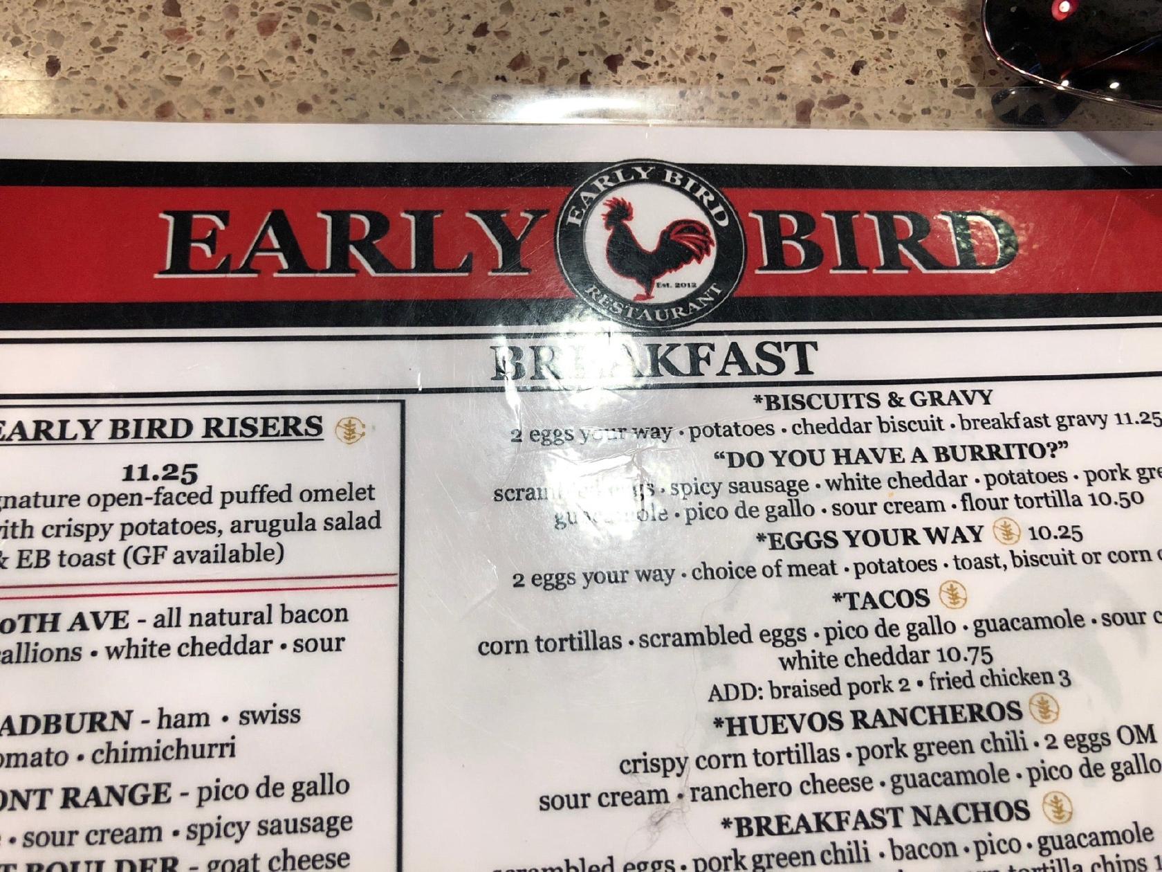 Menu at Early Bird Restaurant-Bradburn Village, Westminster