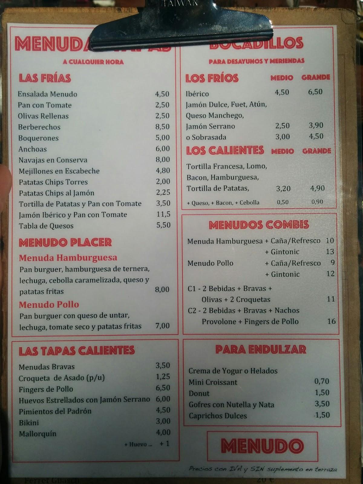Menu at Menudo Bar, Barcelona