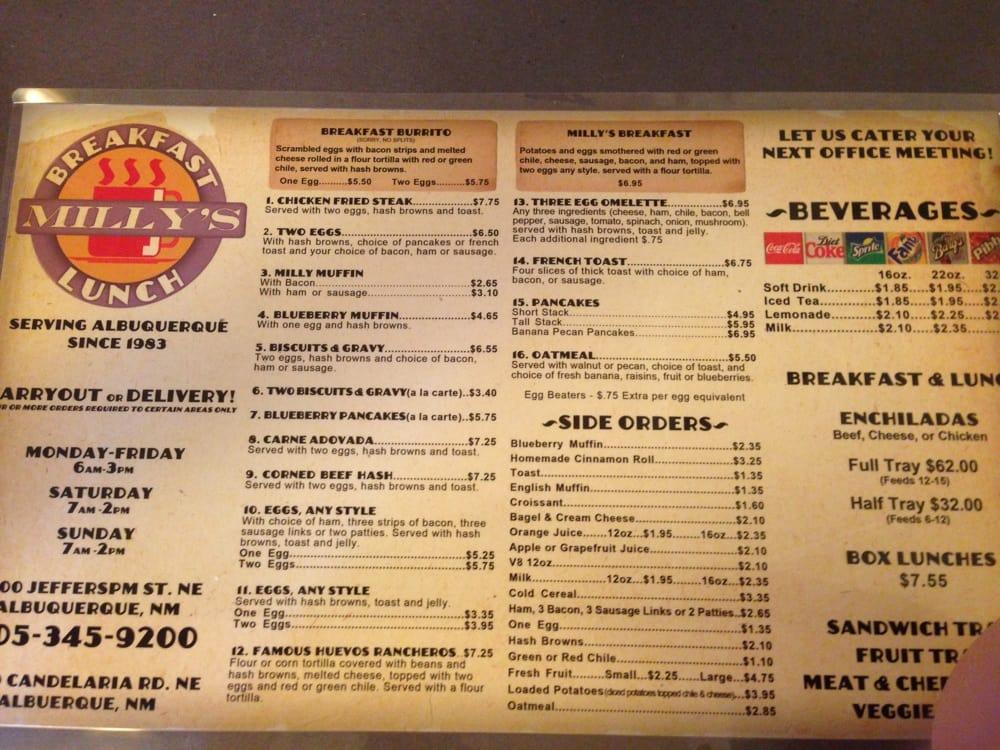 Menu at Milly's restaurant, Albuquerque, Jefferson St NE