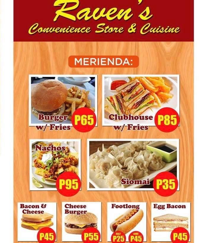 Menu at Raven's Cuisine&Convenience Store restaurant, Floridablanca