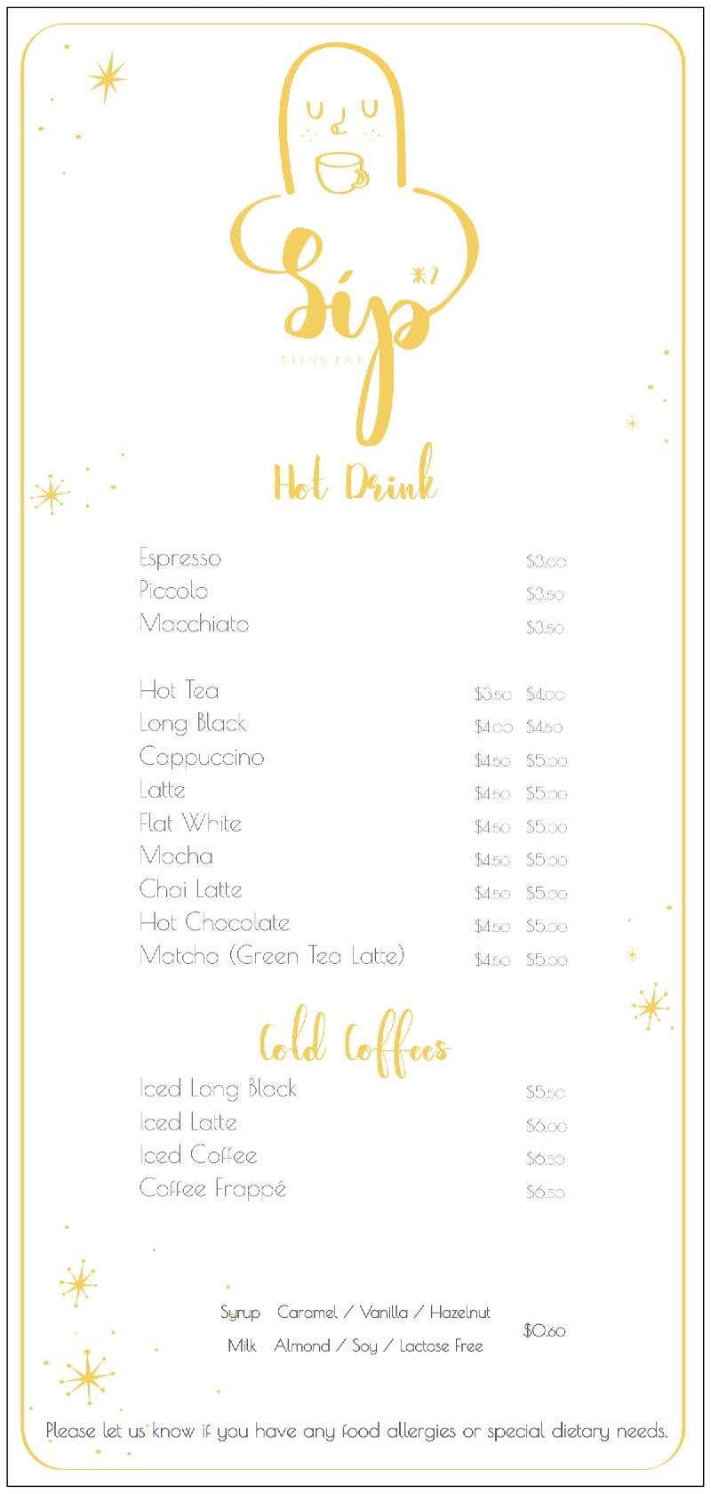 Carta de Sip Sip Drink Bar Sip Sip Cafe, Katoomba