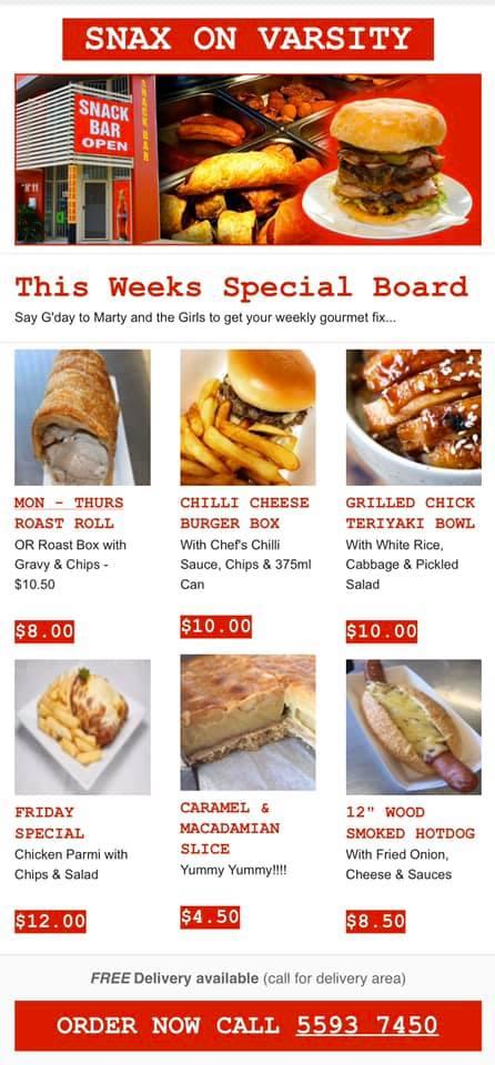 Menu at Snax on Varsity restaurant, Varsity Lakes