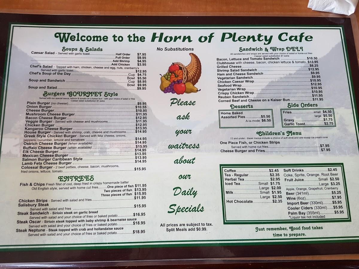 Menu at The Horn Of Plenty Café, Agassiz, Pioneer Ave