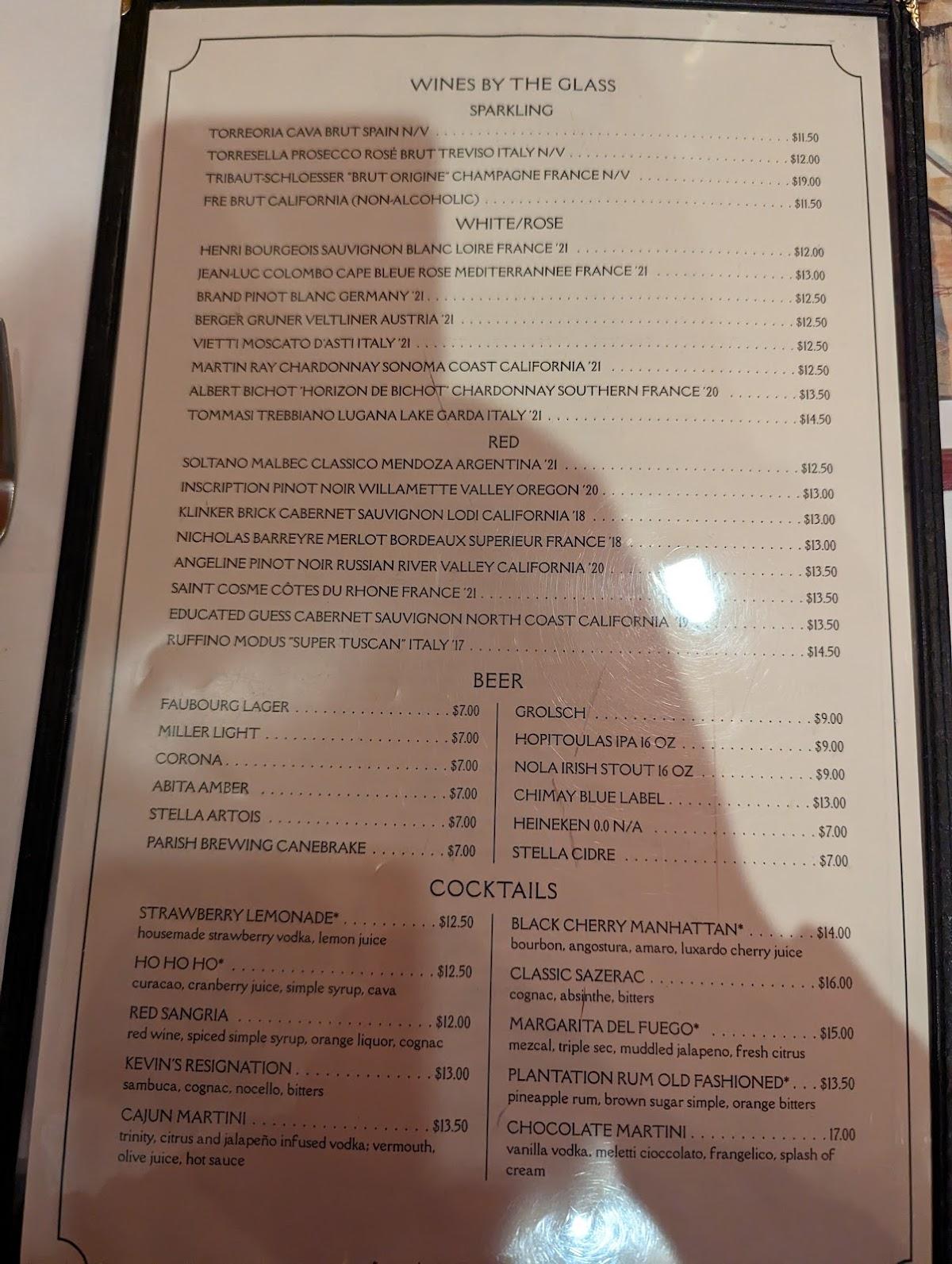 Menu at The Pelican Club, New Orleans