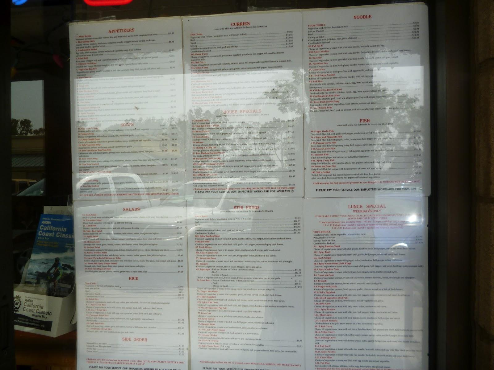 Menu at Blue Elephant Thai Cuisine restaurant, Port Hueneme