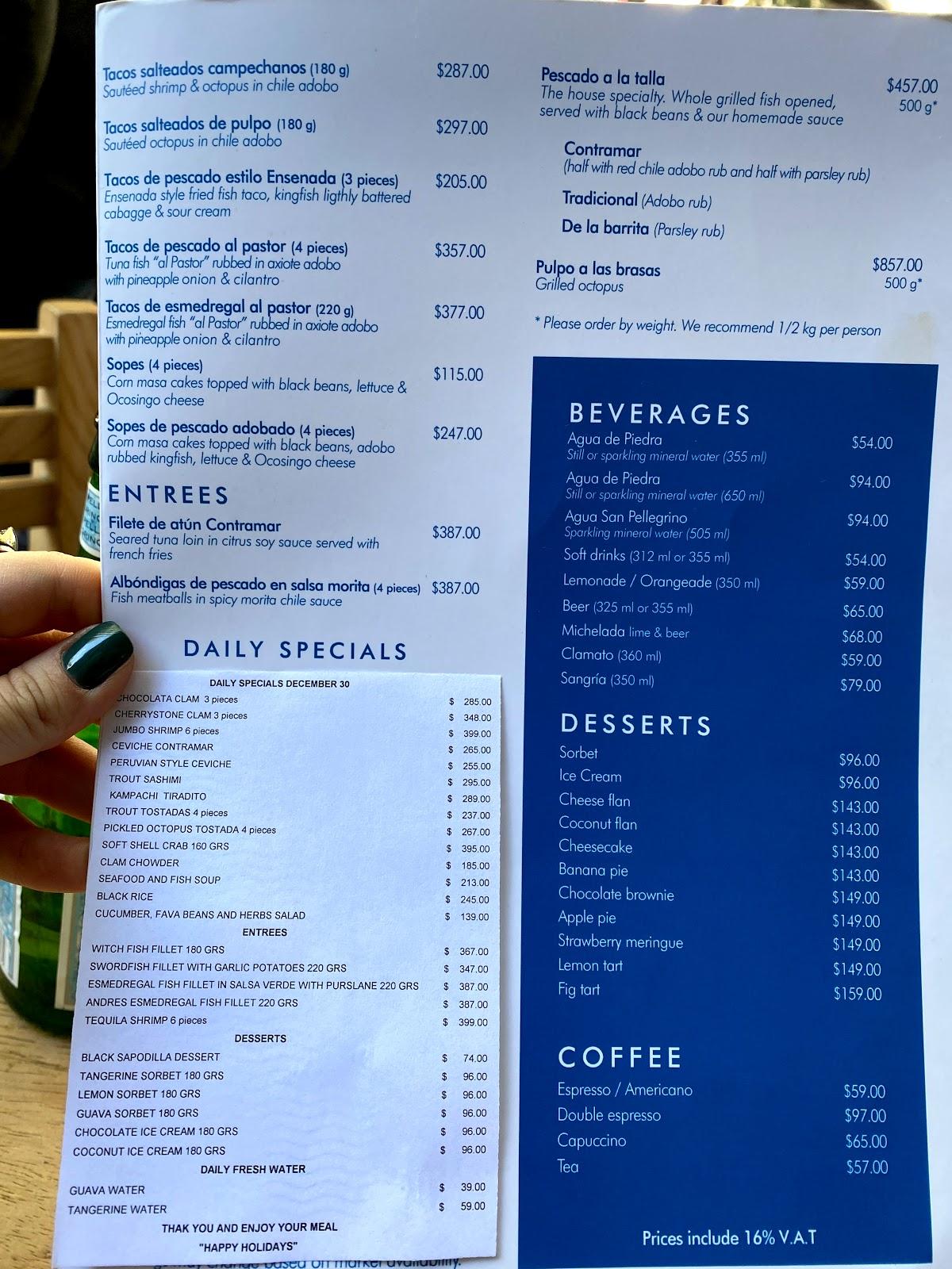 Carta del restaurante Contramar, Ciudad López Mateos, Calle del Durango 200