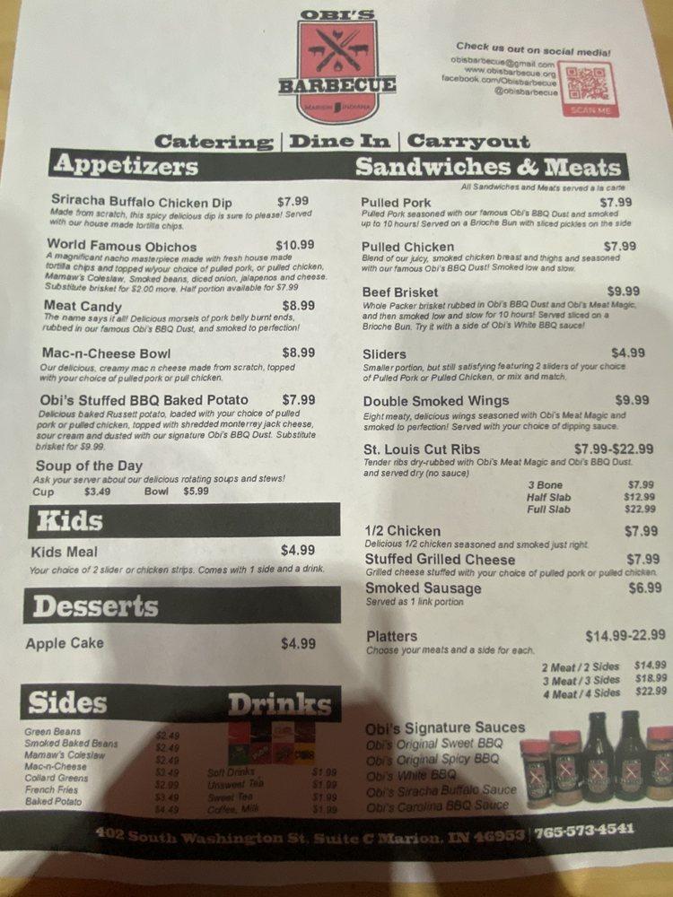 Menu at OBI's Barbecue, Marion