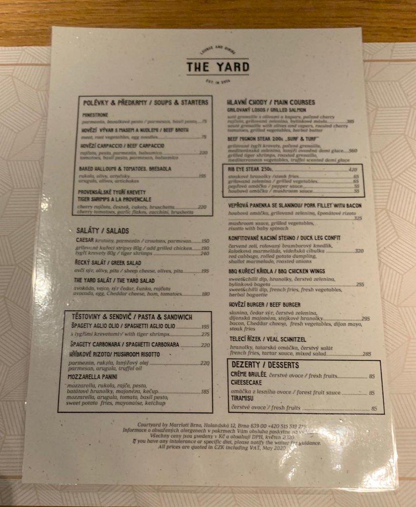 Menu at The Yard restaurant, Brno