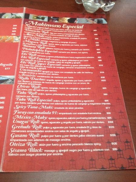 Menu at Sushi Naomi restaurant, Zapopan, Av Conchita 2792