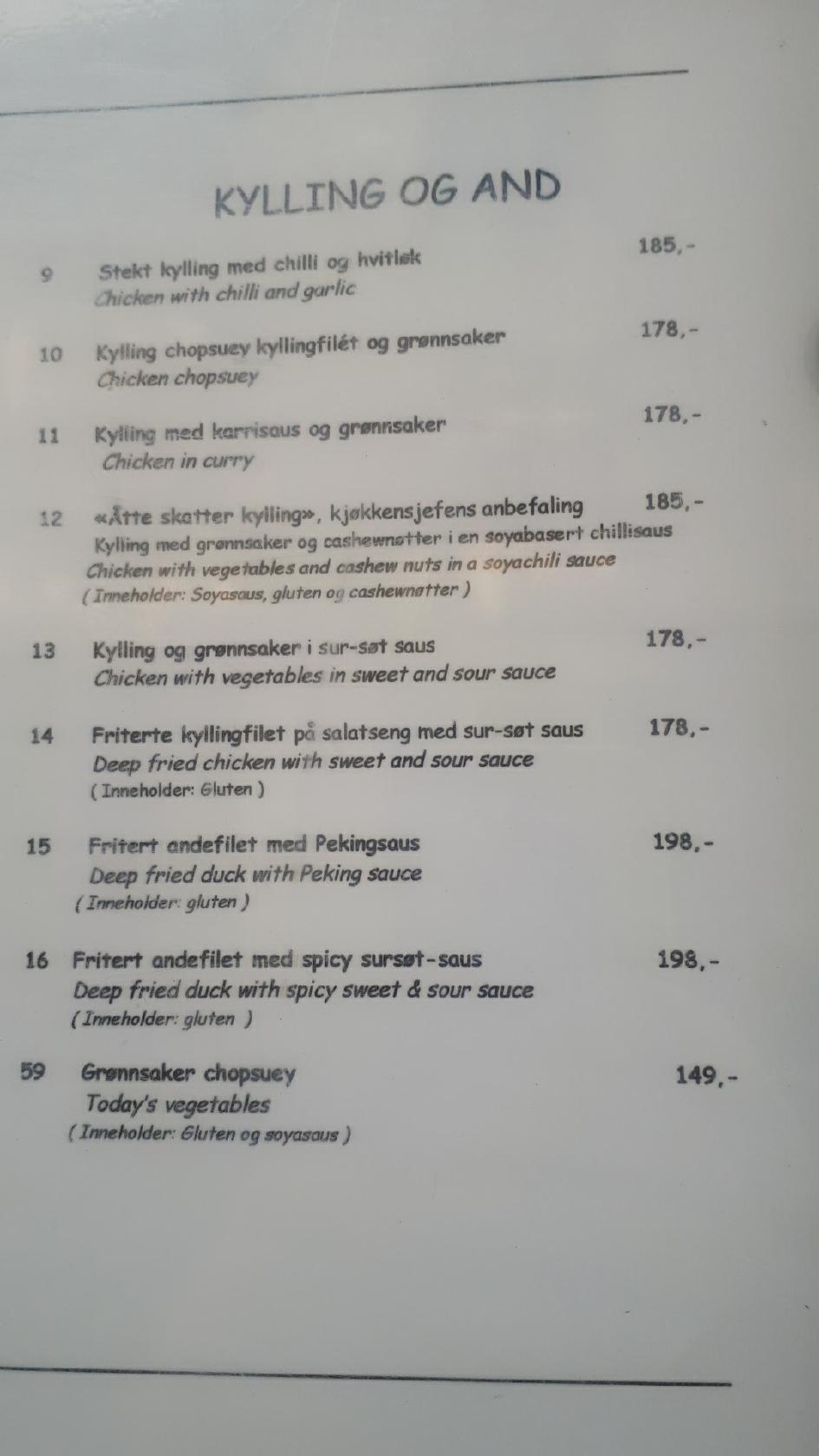 Menu at Chang Cheng AS restaurant, Fredrikstad