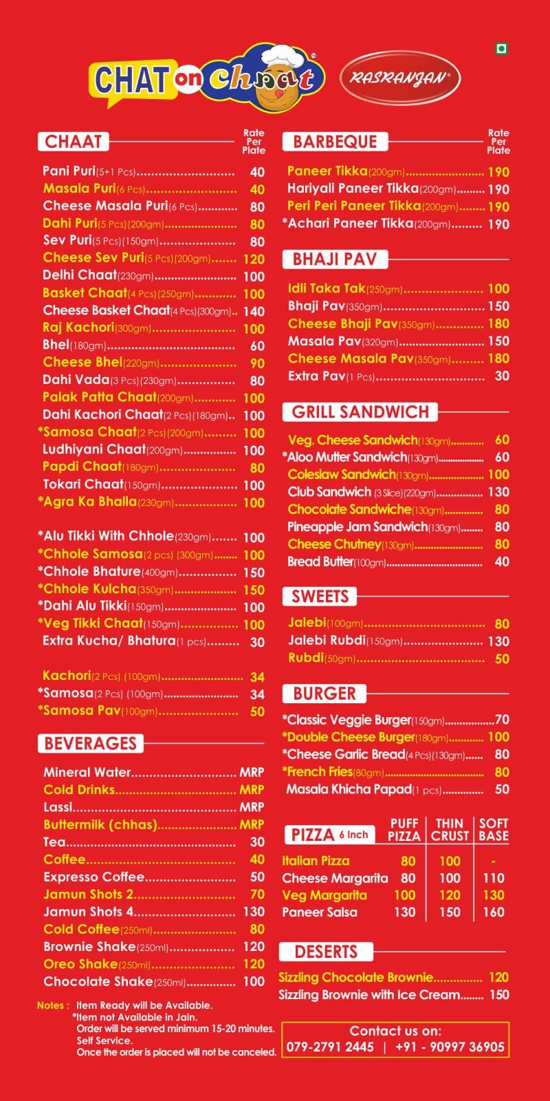 Menu at Chat On Chaat, Ahmedabad, Rasranjan