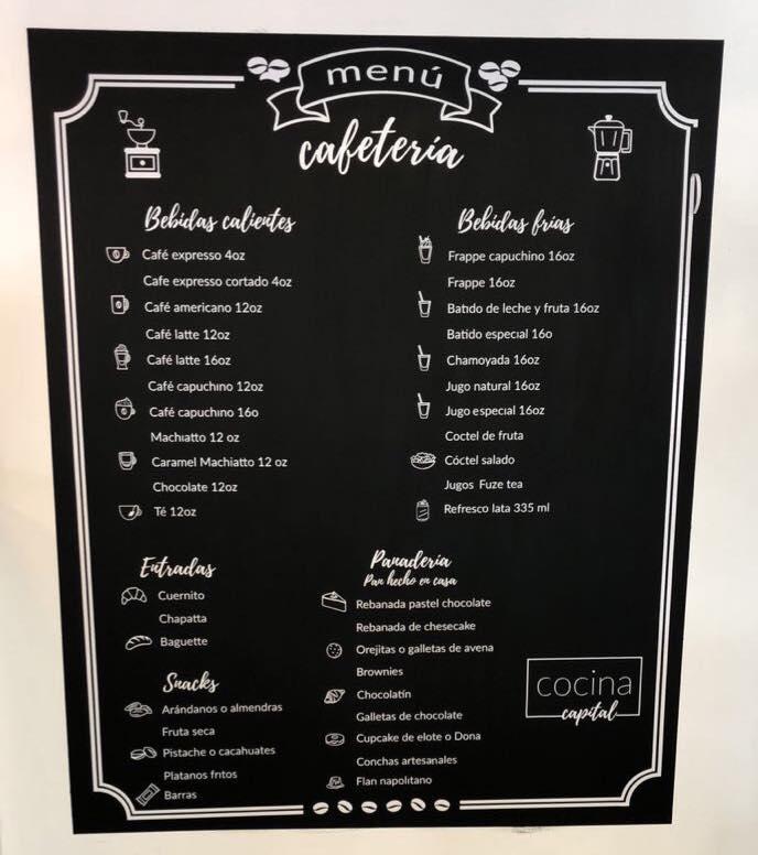 Menu at Cocina Capital restaurant, Mexico City